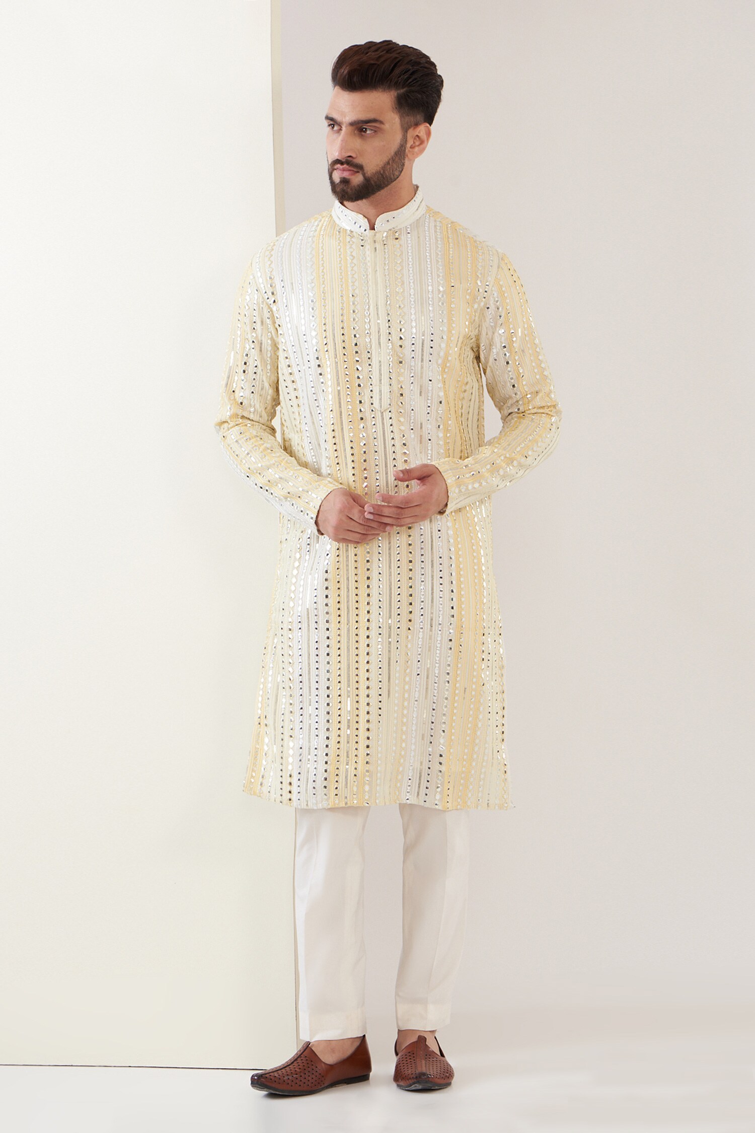 Buy Yellow Georgette Embroidered Mirror Work Striped Kurta For Men by ...