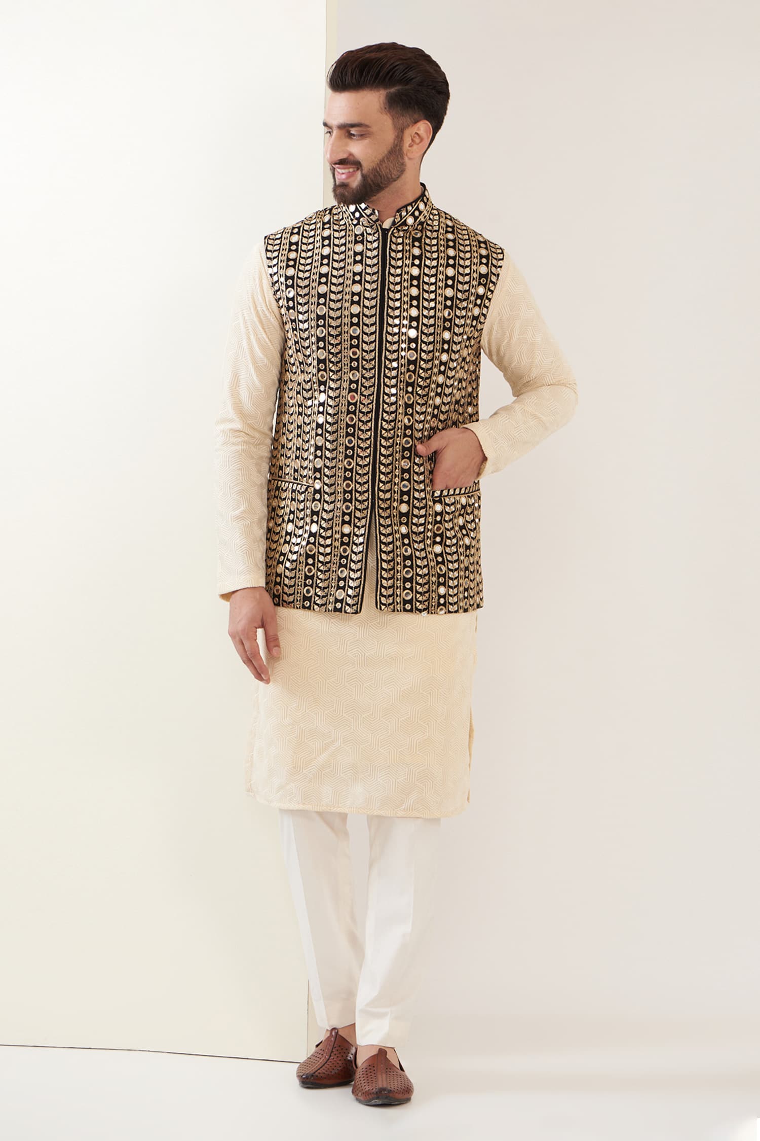 Buy Black Georgette Embroidered Mirror Work Nehru Jacket For Men by ...