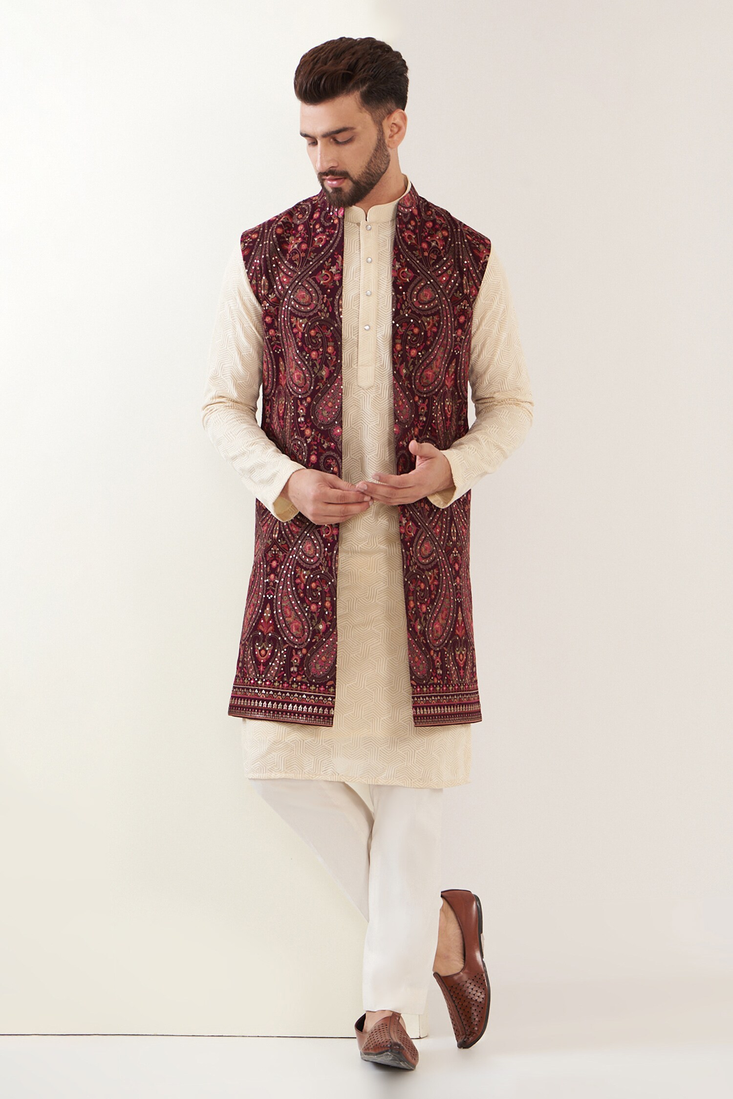 Buy Wine Georgette Embroidered Kashmiri Work Long Jacket For Men by ...