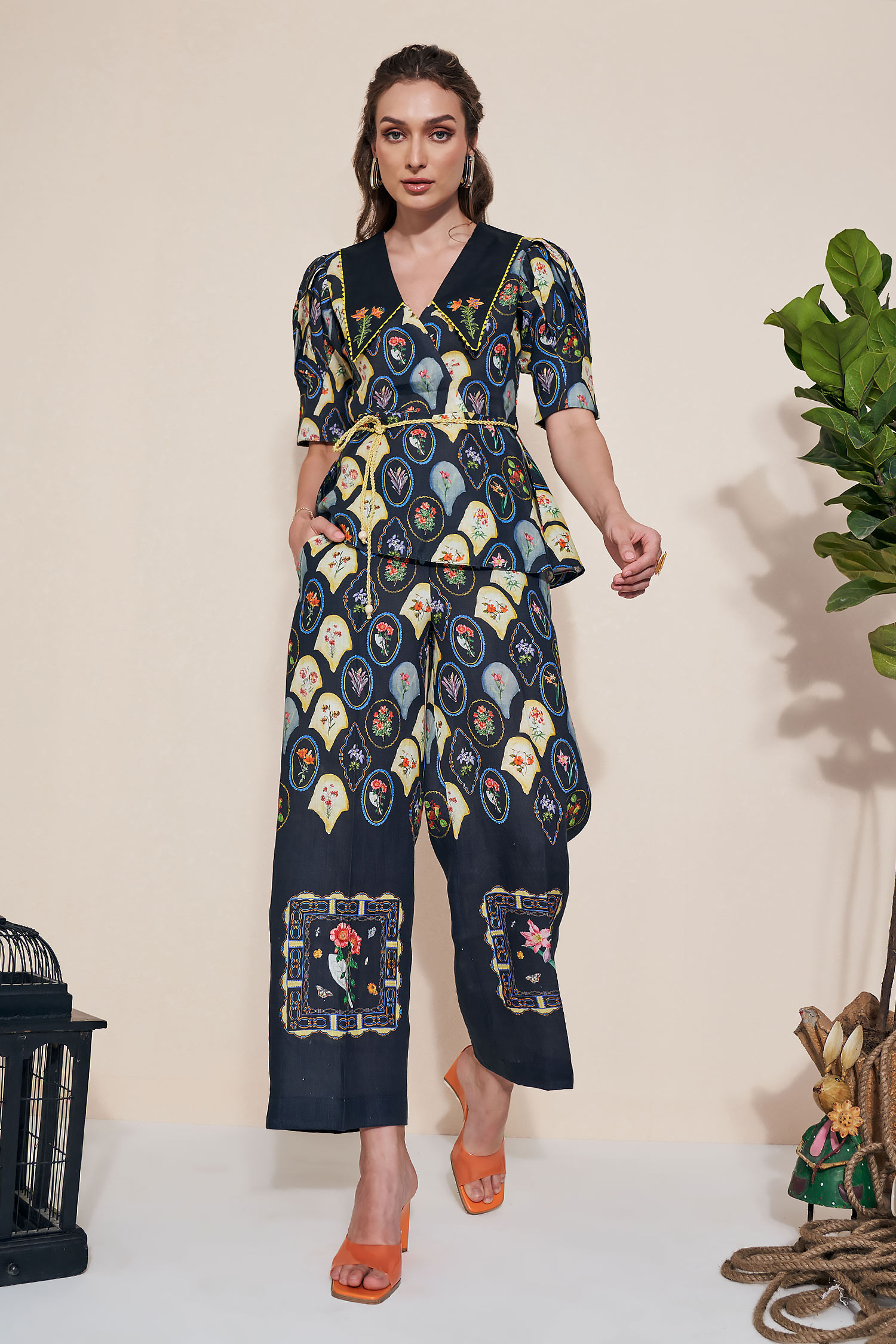 Buy Black Pure Hemp Printed Floral Collared Neck Raven Top For Women by ...