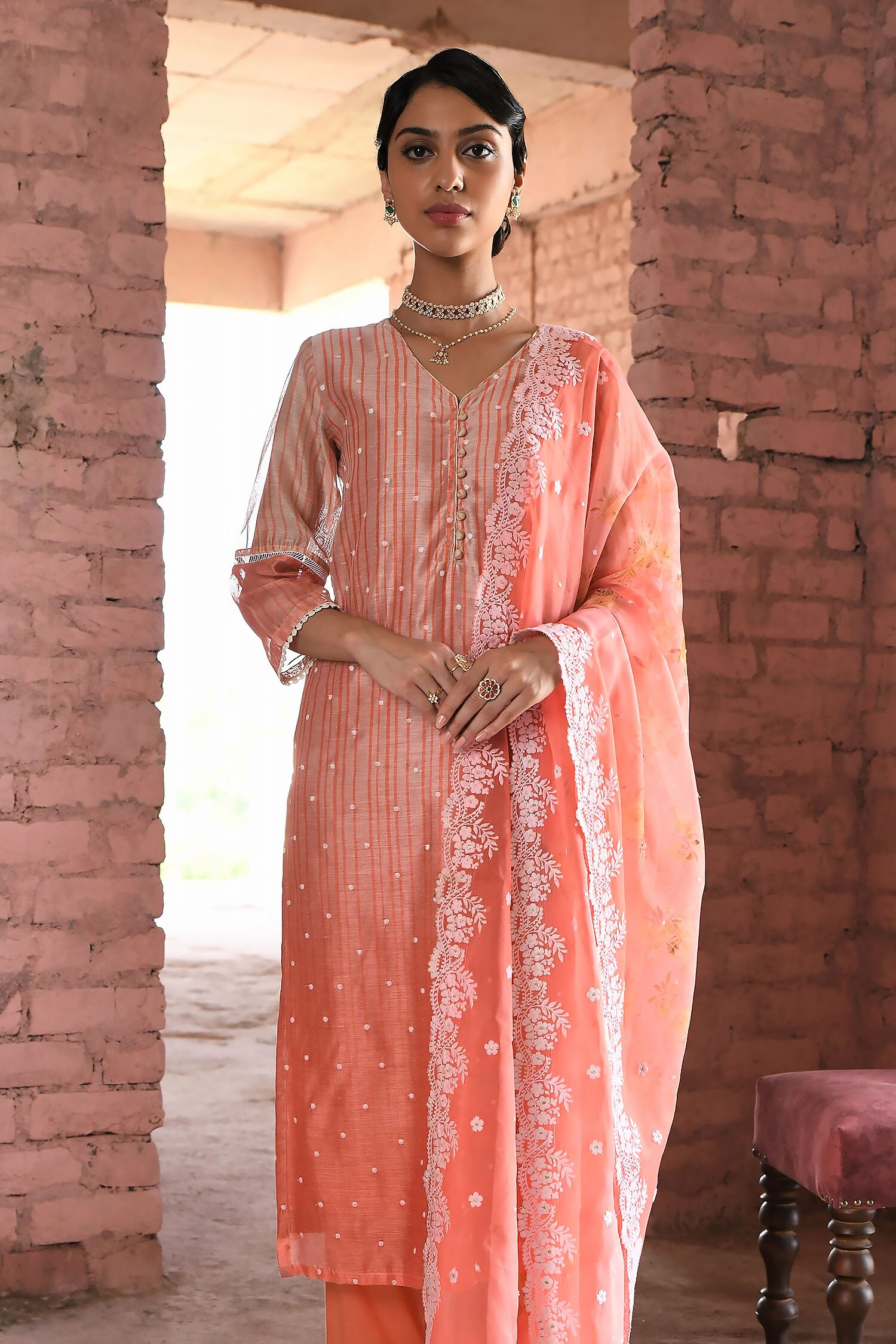 Buy KARAJ JAIPUR Orange Ombre Embroidered Chanderi Kurta Set Online ...
