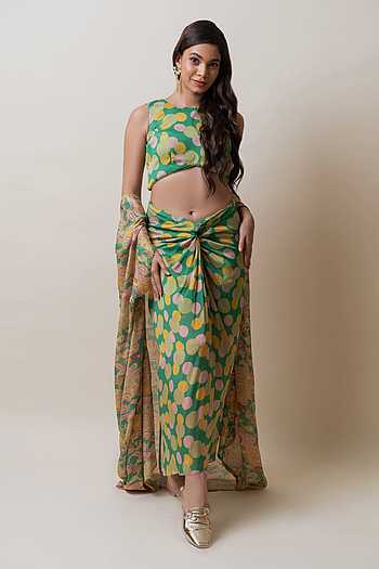 Buy Green Chiffon Printed Paisley Round Cape Skirt Set For Women by ...