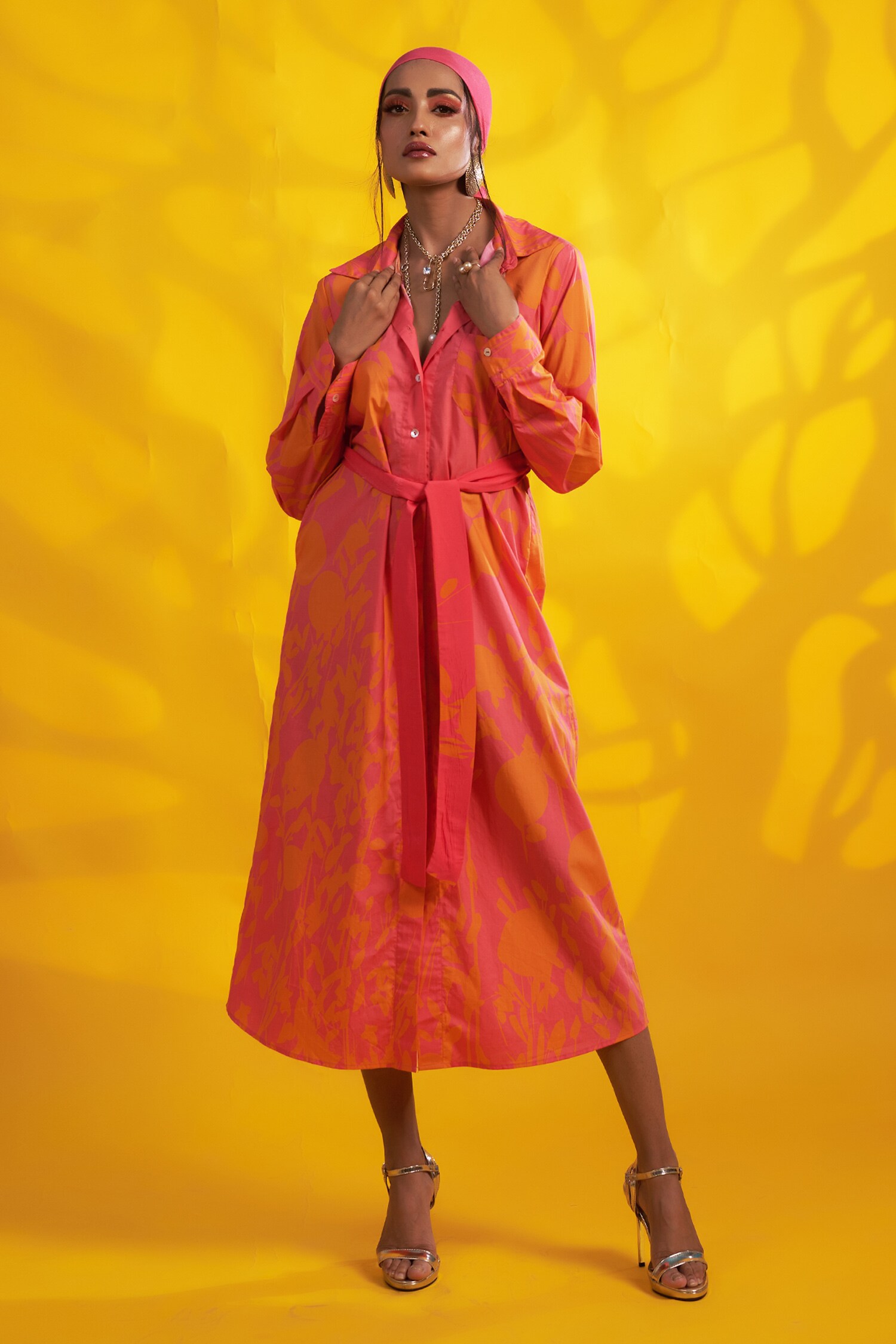 Buy Jyoti Sachdev Iyer Orange Cotton Satin Abstract Print Shirt Dress ...