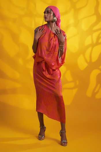 Buy Jyoti Sachdev Iyer Orange Cupro Abstract Print Kaftan Dress Online ...
