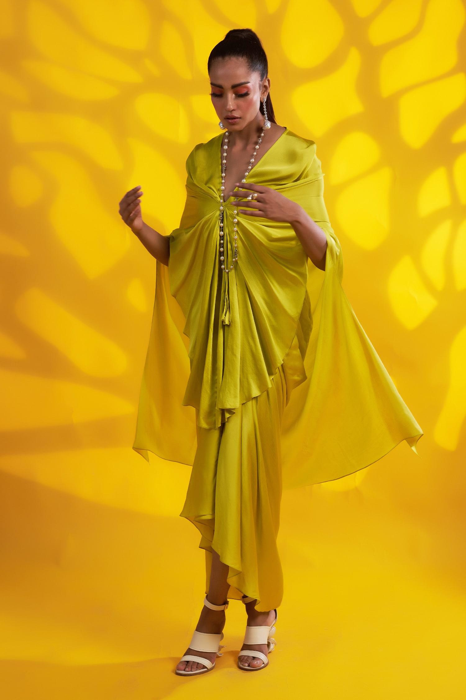 Buy Green Cupro Plain V Neck Drape Effect Cape Top With Skirt For Women ...