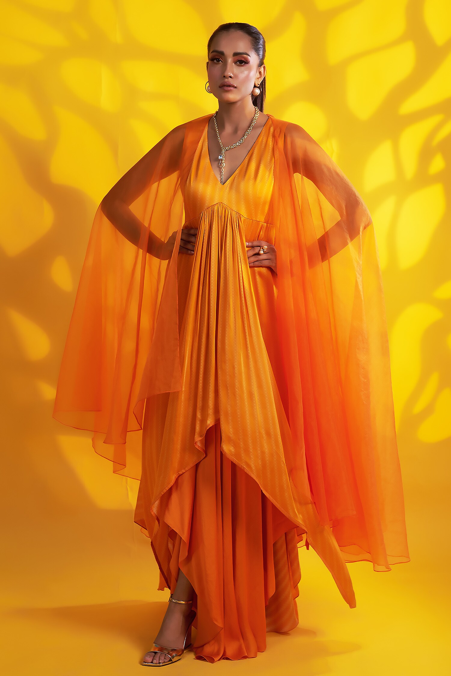 Buy Orange Cupro Print Geometric V Neck Asymmetric Dress With Cape For ...