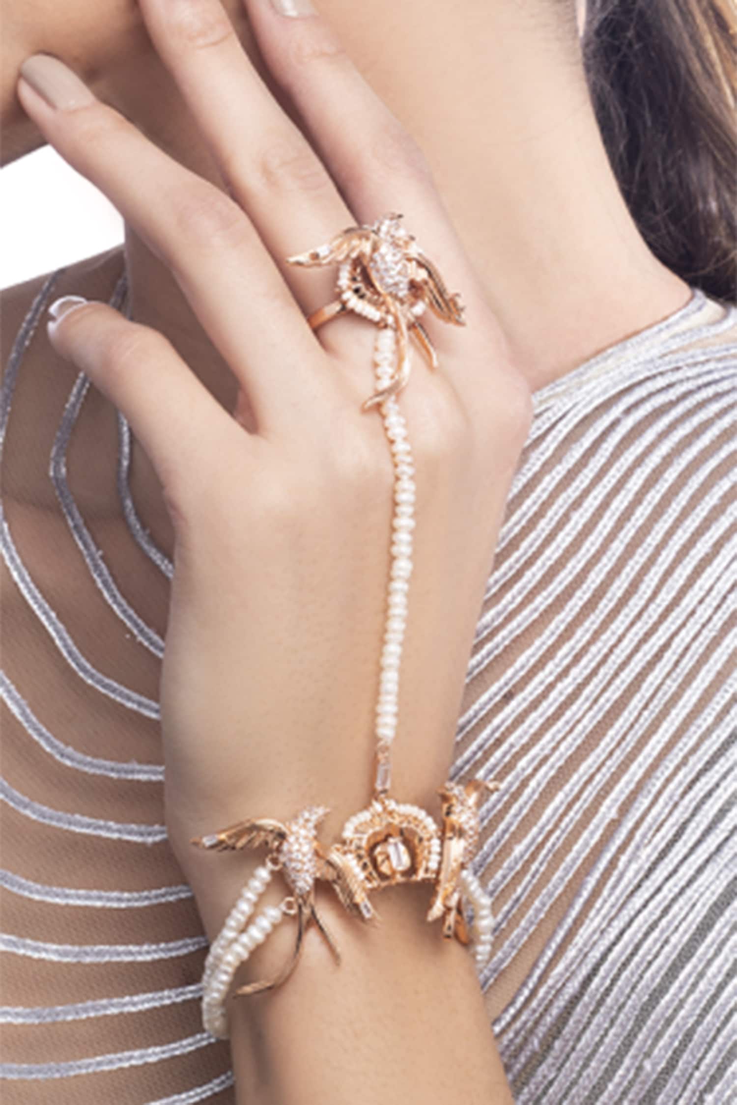 Buy Gold Plated Crystal Hand Harness by Outhouse Online at Aza Fashions.