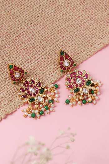 Buy Curio Cottage Lotus Shaped Stone Embellished Dangler Earrings ...