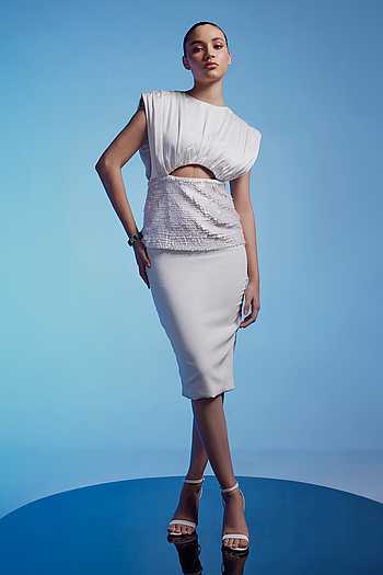 Buy Manika Nanda White Crepe Spandex Myrine Sequin Embroidered Draped ...