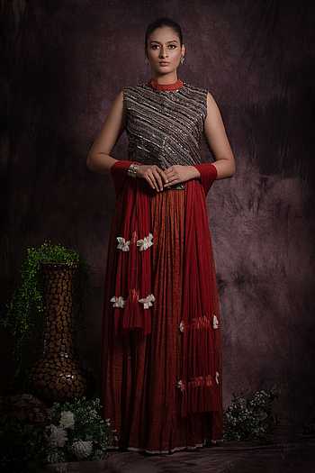 Buy ABSTRACT Red Silk Tissue Lehenga Set With Embellished Jacket Online ...
