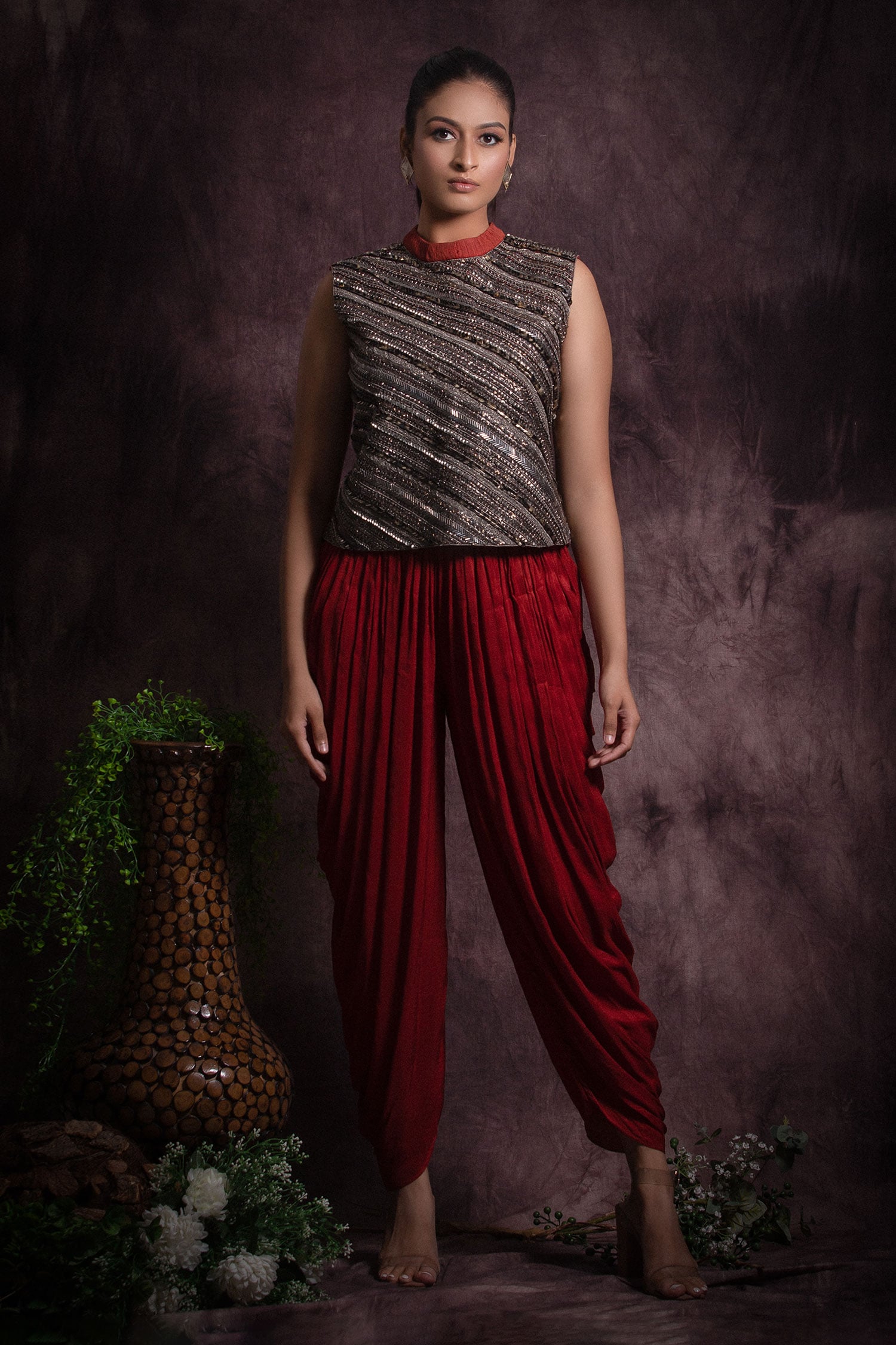 Buy Red Silk Embroidery Antique Silver Dhoti Pant With Embellished ...