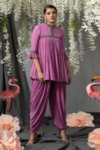 Buy ABSTRACT Purple Chinon And Modal Flared Gathered Top And Dhoti Pant ...