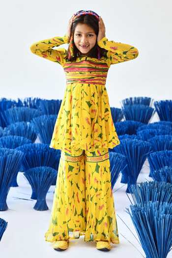 Buy Yellow Kurta: Chiffon Printed Aneri Floral Peplum With Gharara For ...