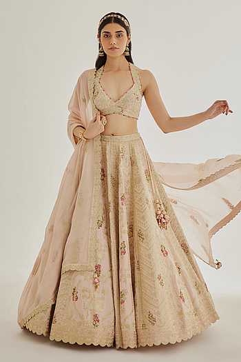 Buy Shyam Narayan Prasad Pink Raw Silk Floral Zari Embroidered Lehenga ...
