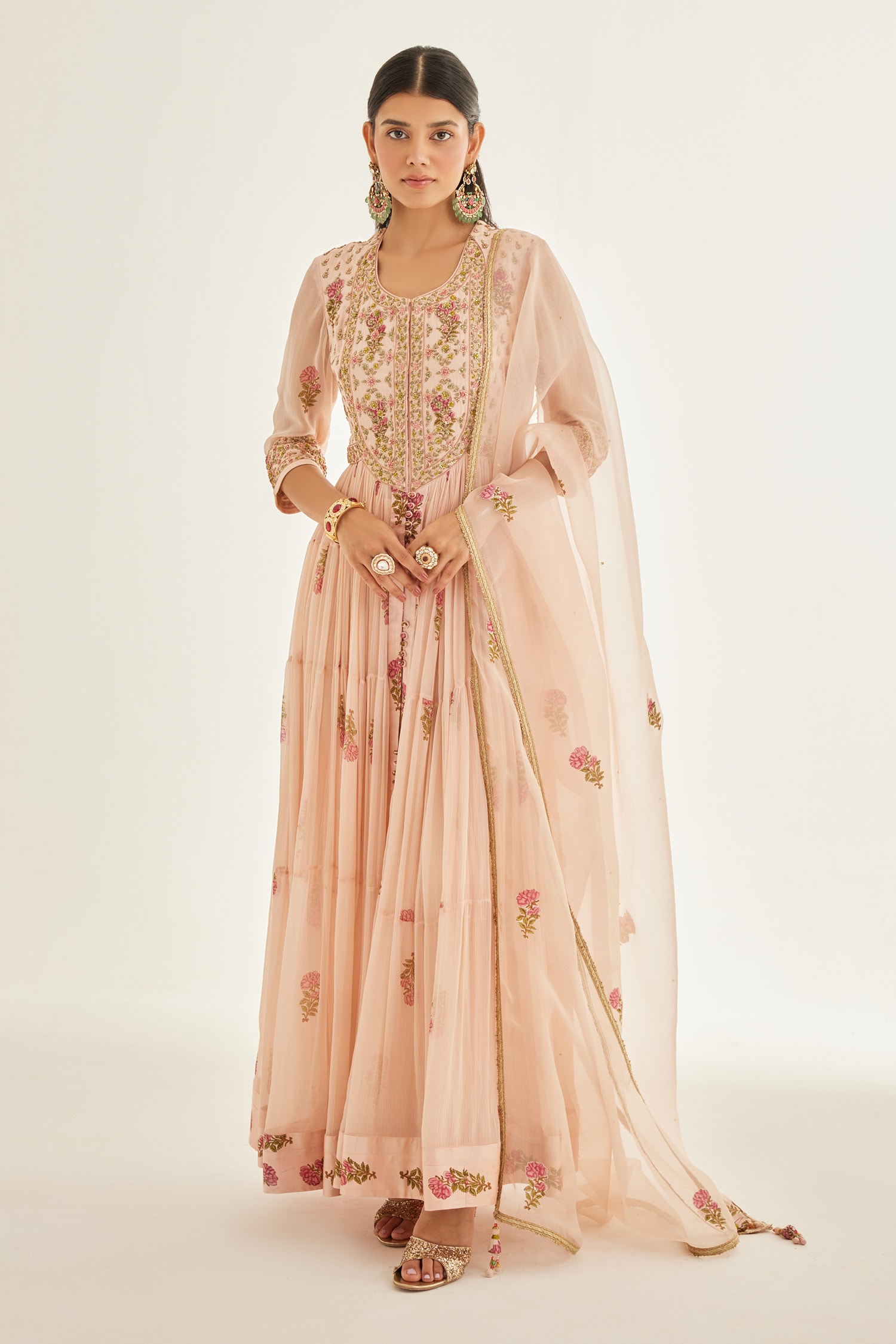 Buy Pink Modal Satin Printed And Embroidered Floral Hand Block Anarkali ...