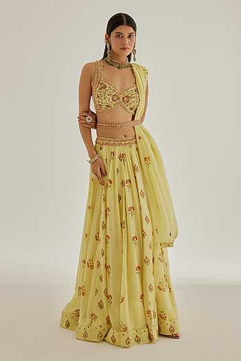 Buy Yellow Modal Satin Embroidered Hand Block Floral Print Lehenga Set ...