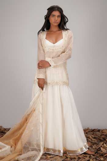 Buy White Chanderi Embroidered Gota Blouse : V Neck Choli Lehenga Set ...