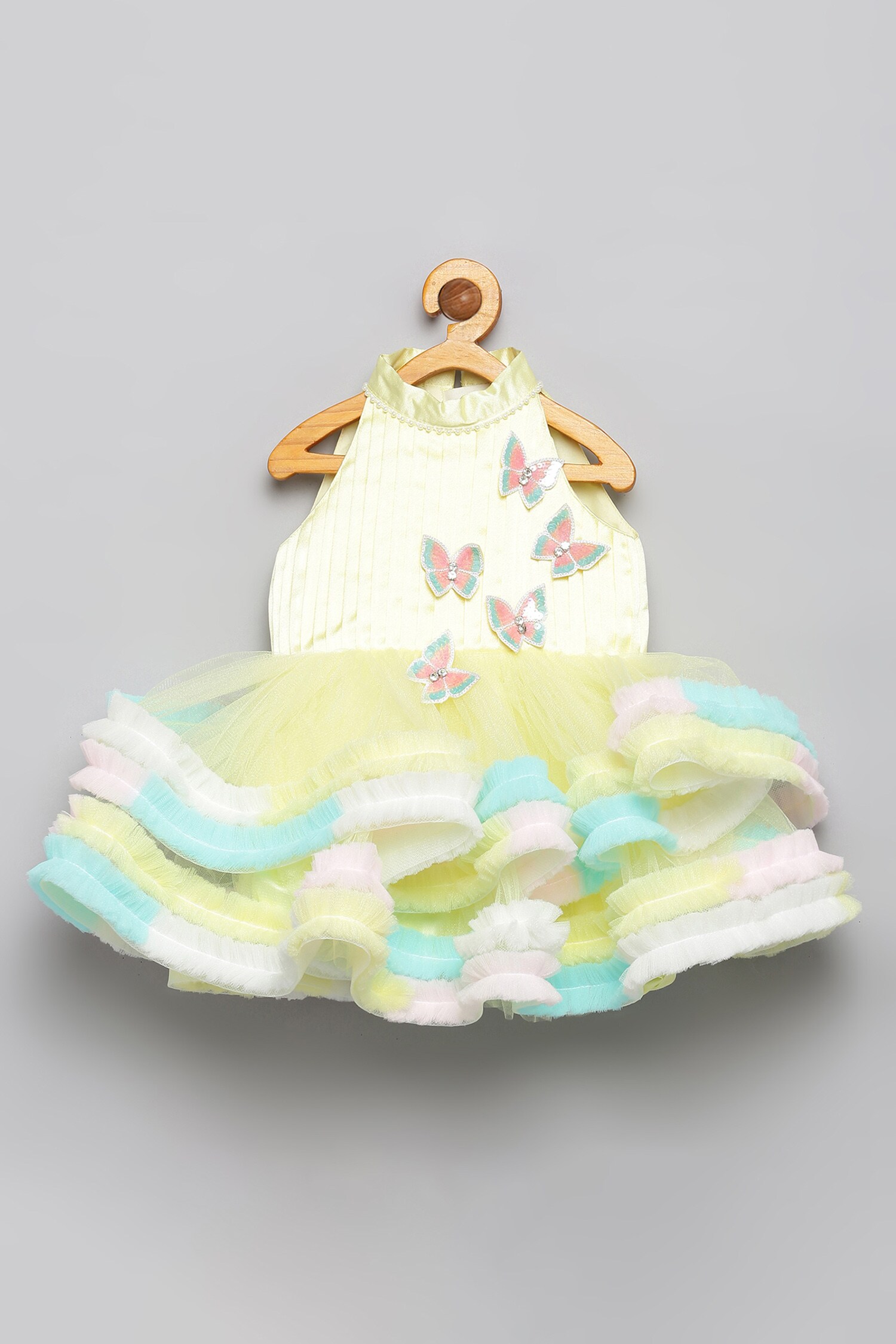 Buy Yellow Satins Placed Butterfly Applique Pattern Frill Dress For ...