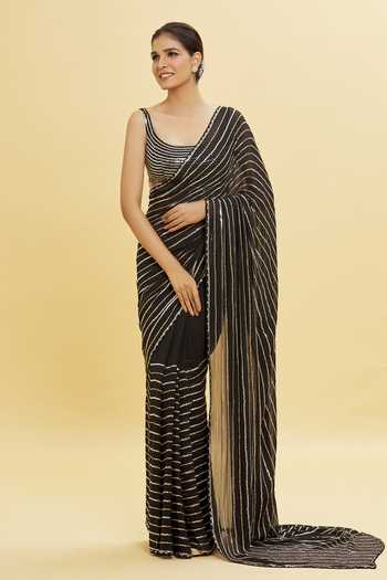 Buy Black Georgette Embroidery Linear Grid Pattern Saree With Blouse ...