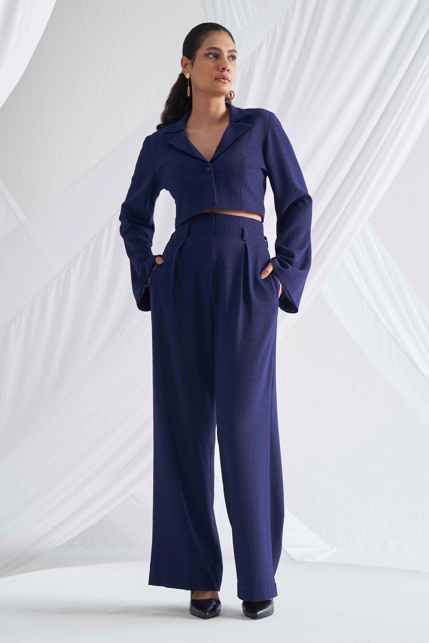 Buy Blue Biscuit Crepe Plain Nirvana Crop Top And Pleated Trouser Co ...