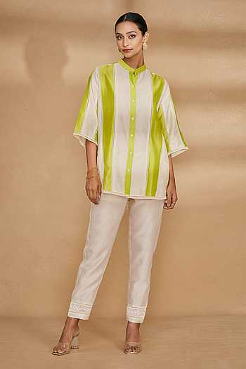 Buy Green Chanderi Striped Mandarin Collar Shirt For Women by Gulabo by ...