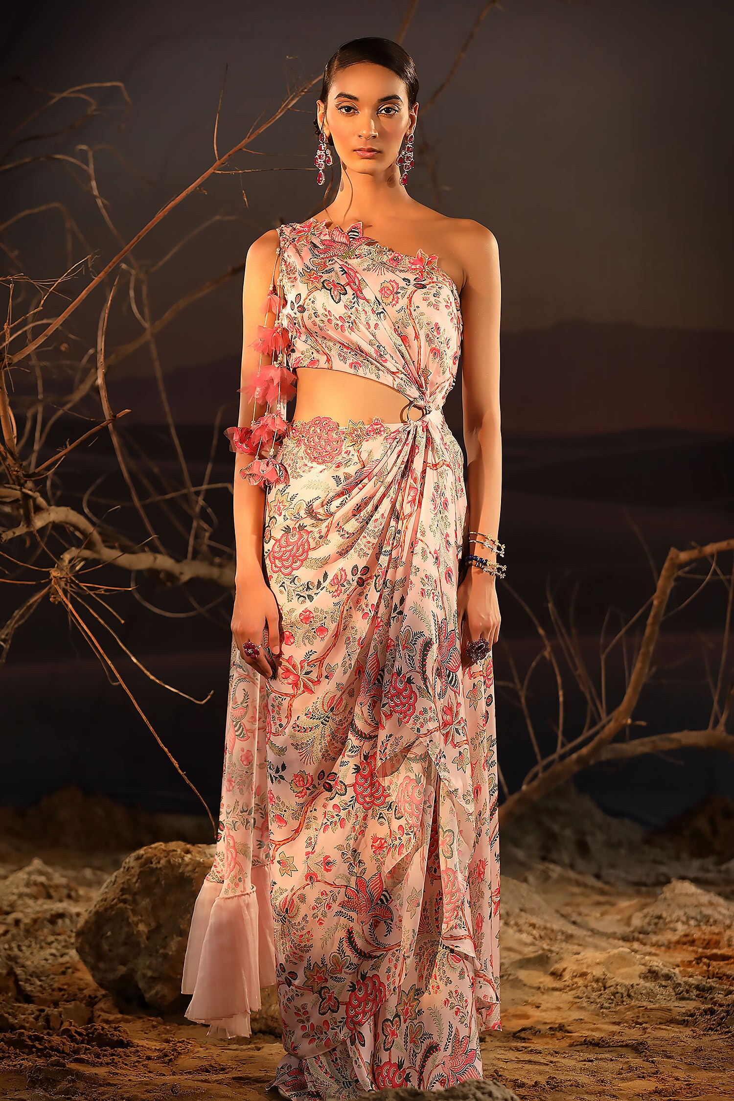 Buy Aditi Gupta Pink Satin Blossom Print Draped Dress Online | Aza Fashions