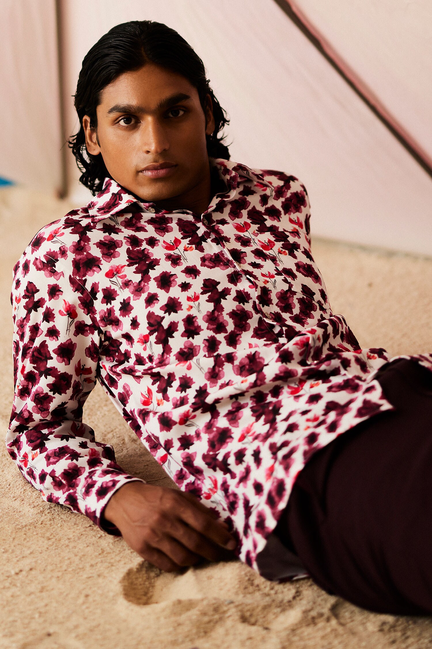 Buy Raasa Ivory Crepe Hibiscus Hug Print Shirt Online | Aza Fashions