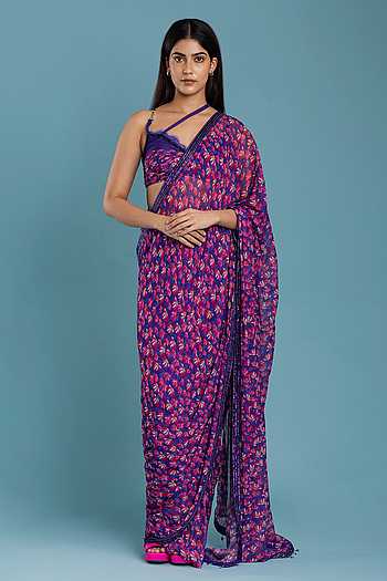 Buy Raasa Purple Georgette Pre-draped Saree With Cross-back Blouse ...