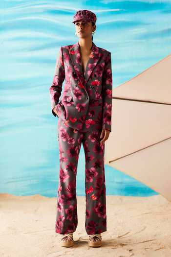 Buy Grey Crepe Printed Floral Lapel Dancing Dynamo Blazer Pant Set For ...