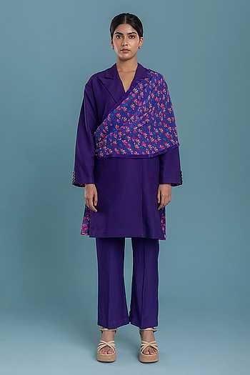 Buy Purple Crepe Lapel Collar Blazer Kurta Pant Set For Women by Raasa ...