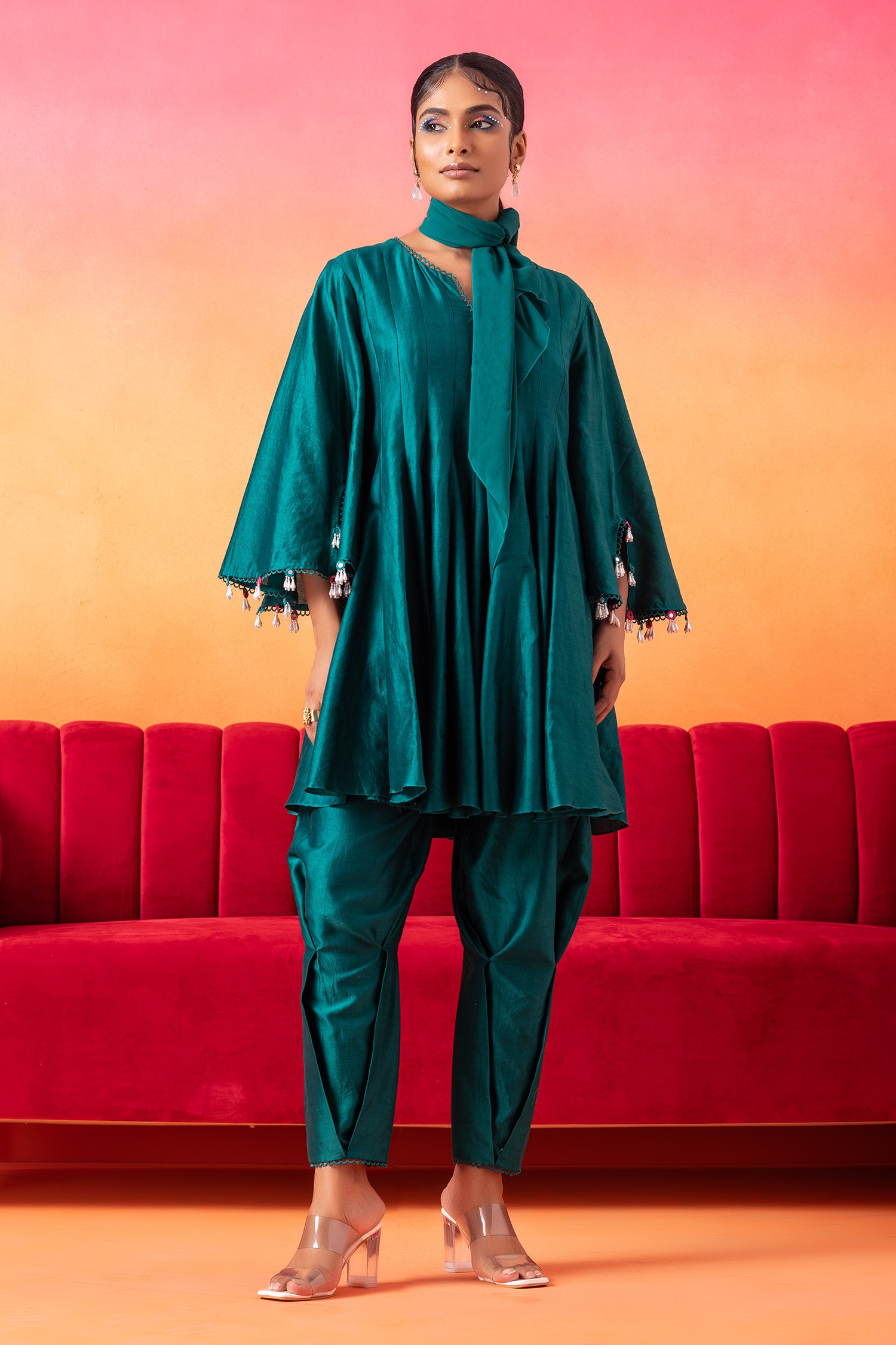 Buy Seema Thukral Green Chanderi Flared Sleeve Short Anarkali And Pant ...