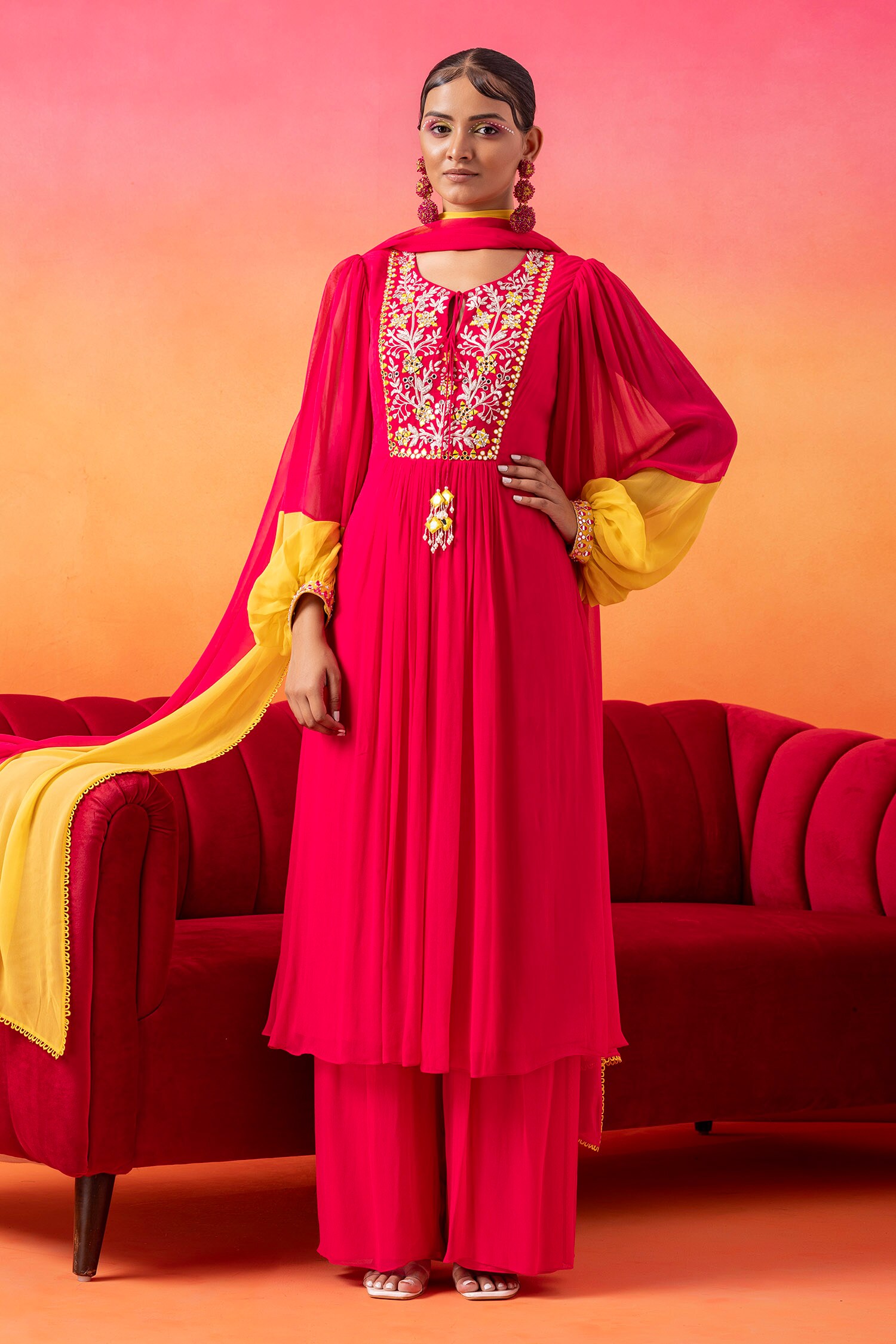 Buy Seema Thukral Pink Georgette Neck Embroidered Kurta Pant Set Online ...