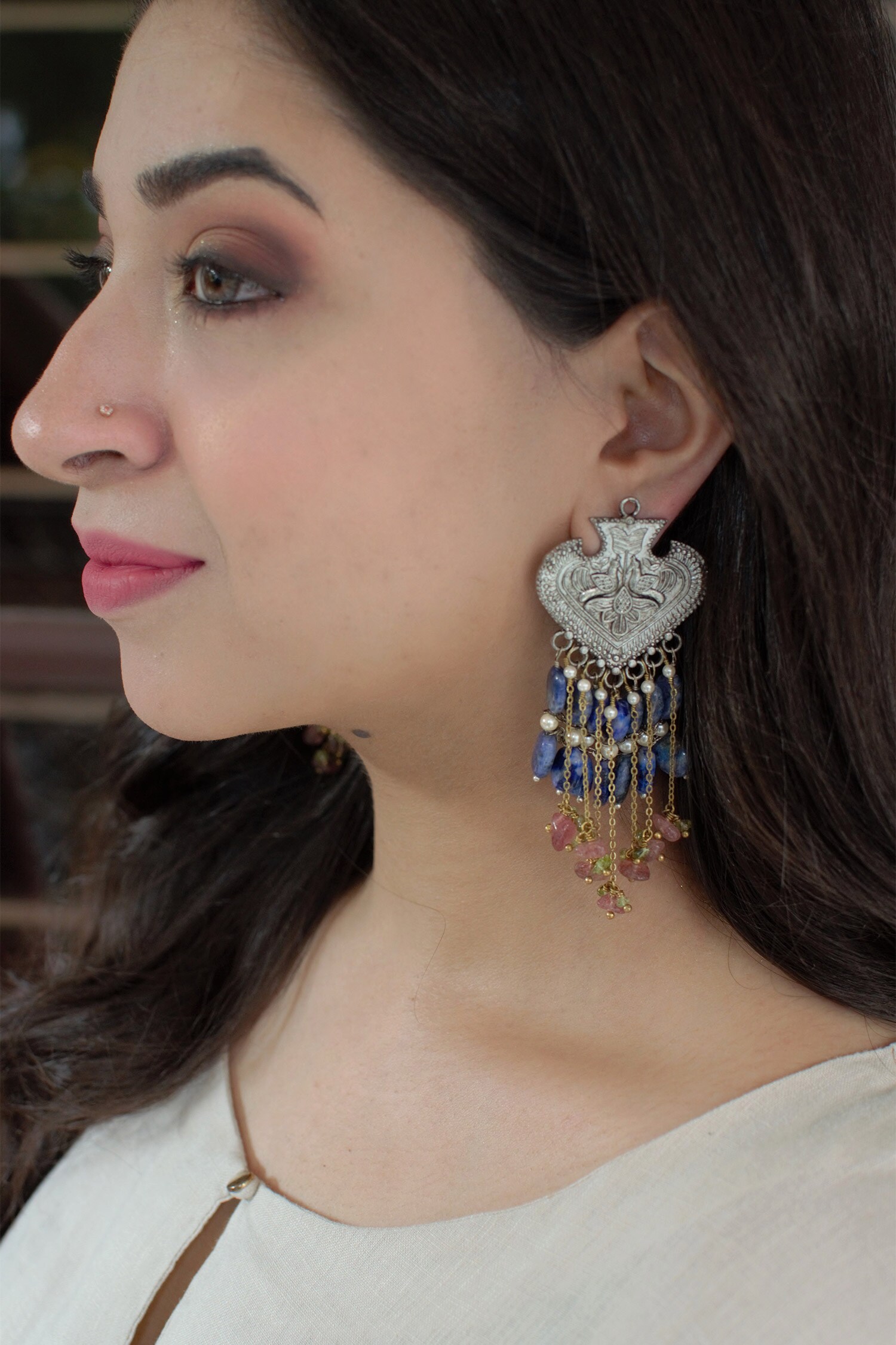 Buy Blue Pearls And Stones Sooryodaya Kaanphool Dangler Earrings by ...