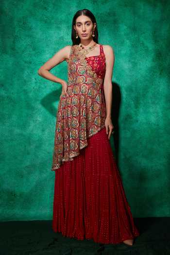 Buy Pink Georgette Embroidery Thread Square Bloom Blouse And Sharara ...