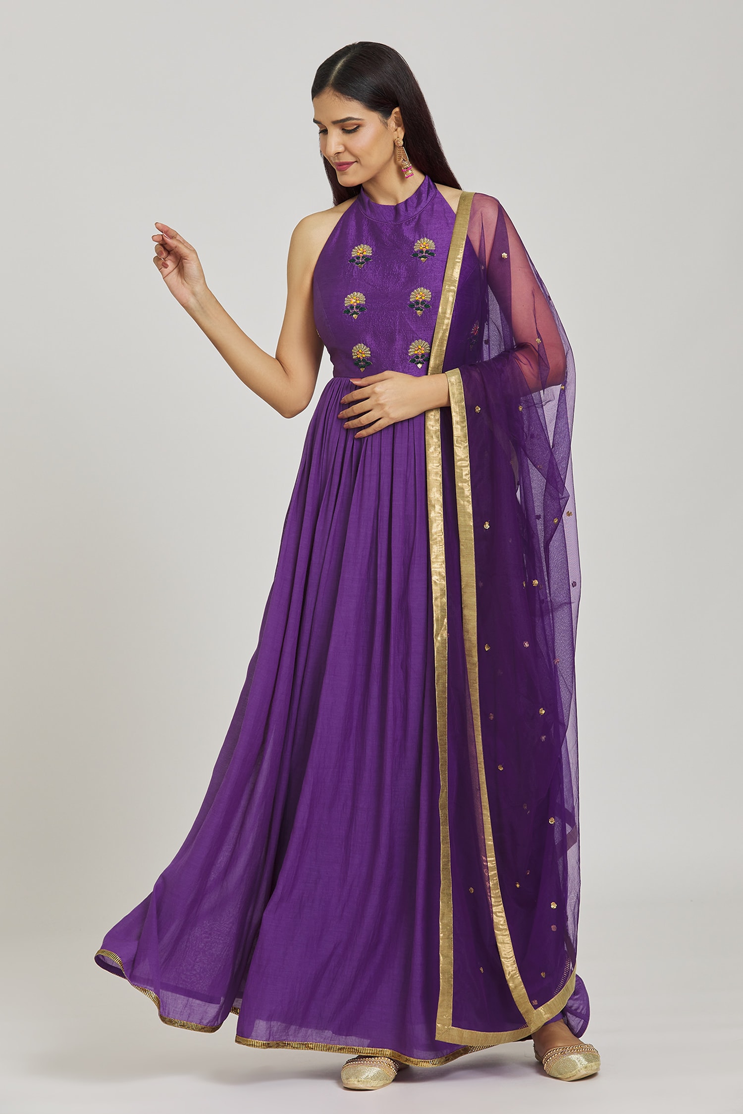Buy Purple Anarkali Raw Silk Embroidery Zardozi And Resham Hand Bloom ...