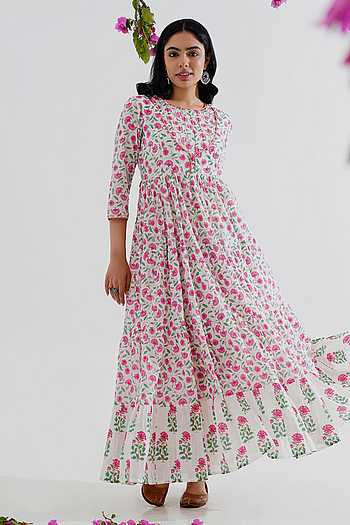 Buy White Cotton Printed And Embroidered Floral Phula Ahali Anarkali ...