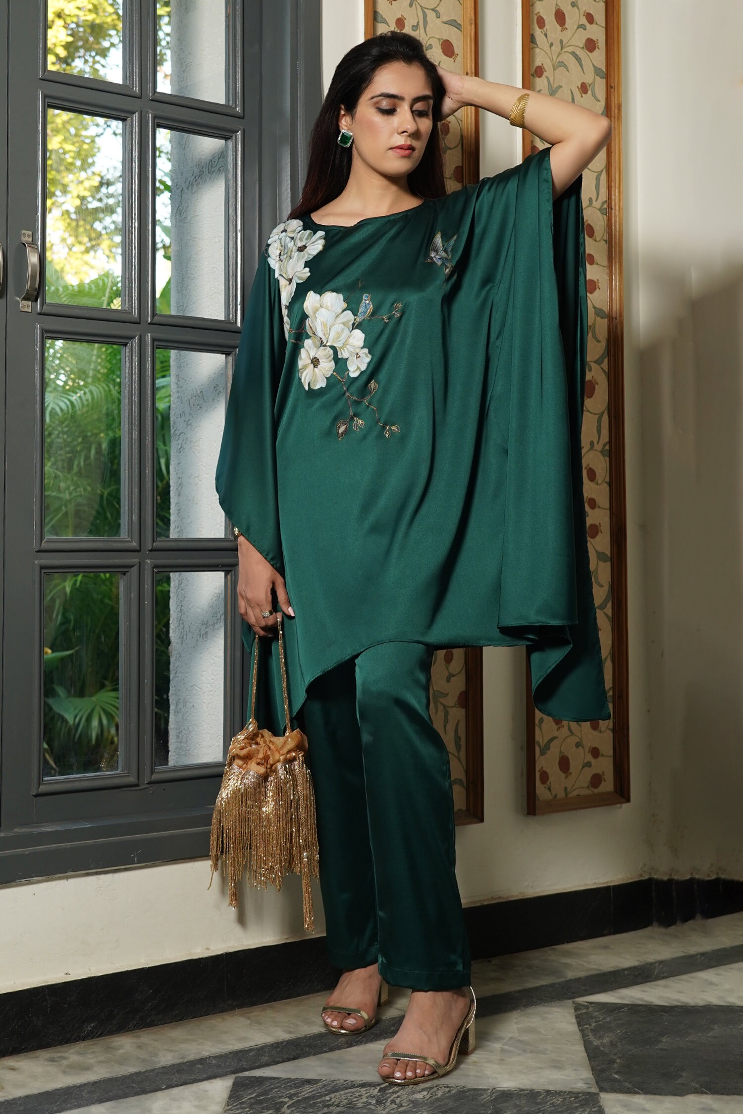Buy Kyra By Nina + Deepika Green Modal Satin Forbidden Flowers Hand Painted Top And Pant Set ...