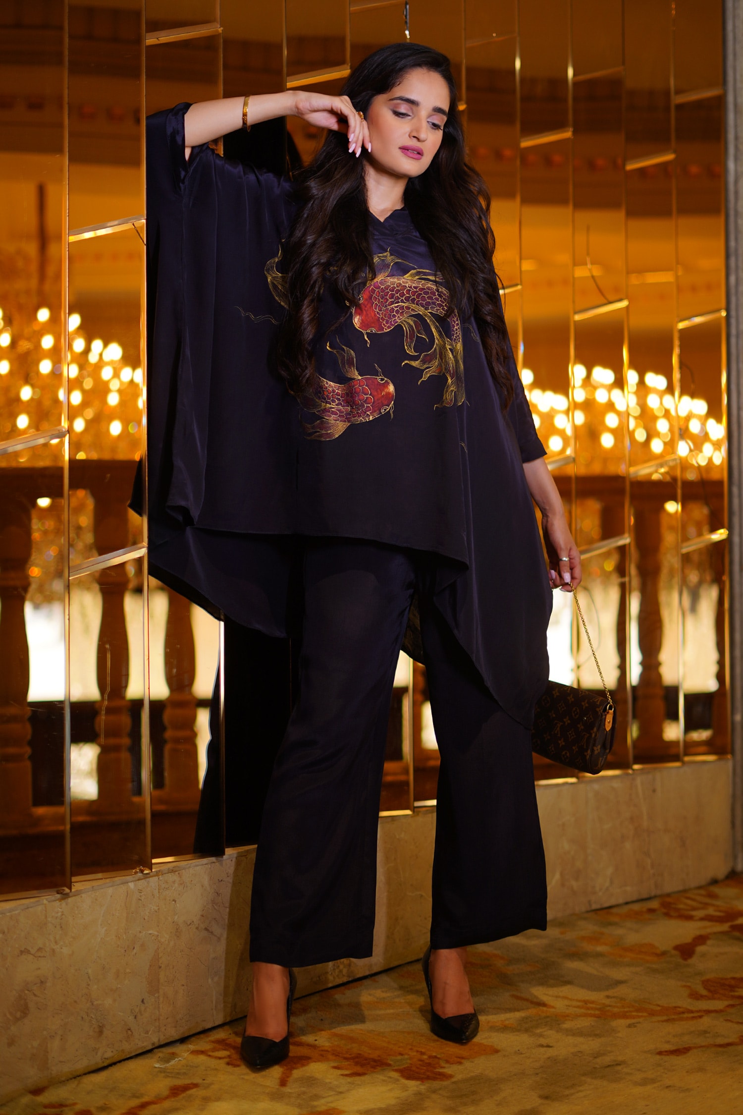 Buy Kyra By Nina + Deepika Blue Art Crepe Koi Magic Hand Painted Top ...