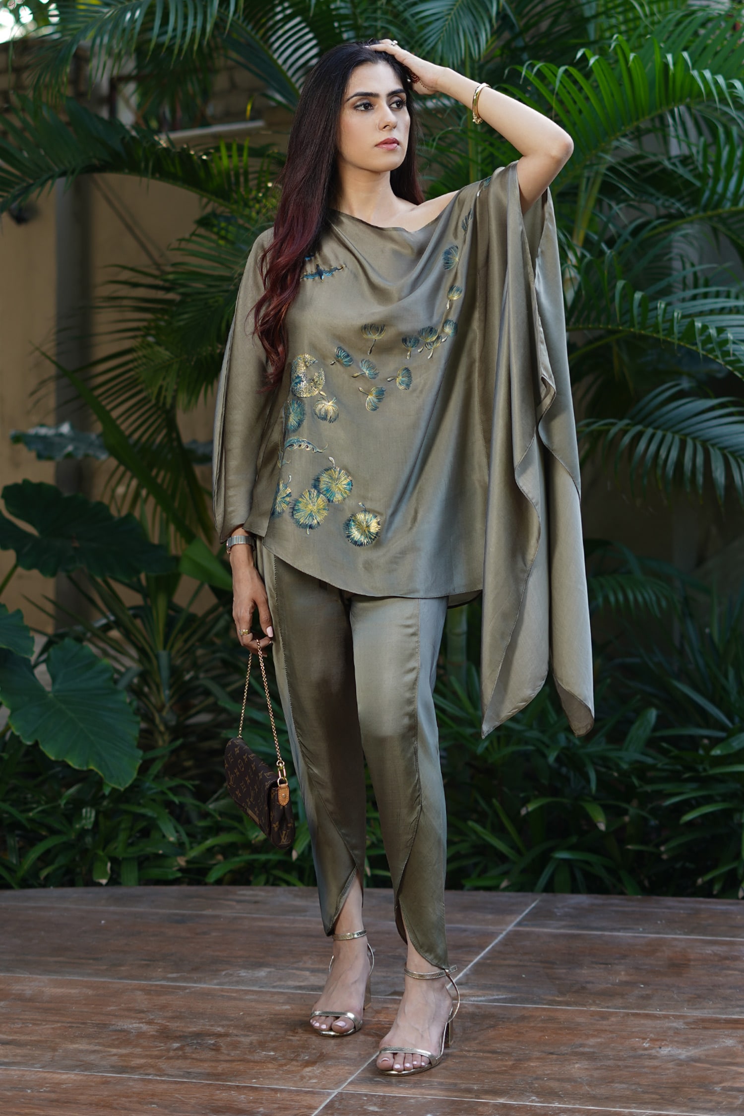 Buy Kyra By Nina + Deepika Green Bamberg Satin Off-shoulder Handpainted ...