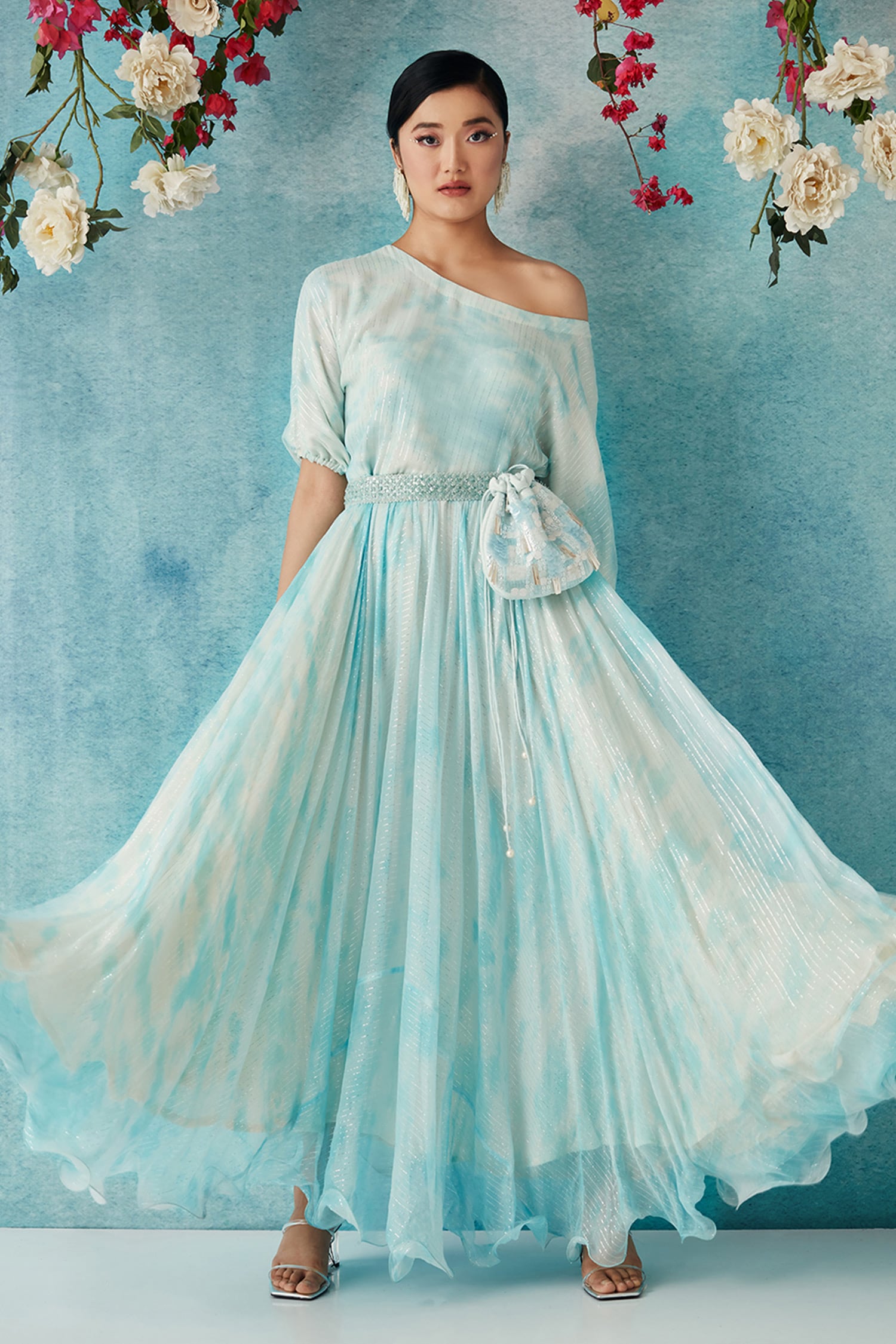 Buy Blue Dress- Lurex Georgette Embroidered Botched Dye Gown With Belt ...