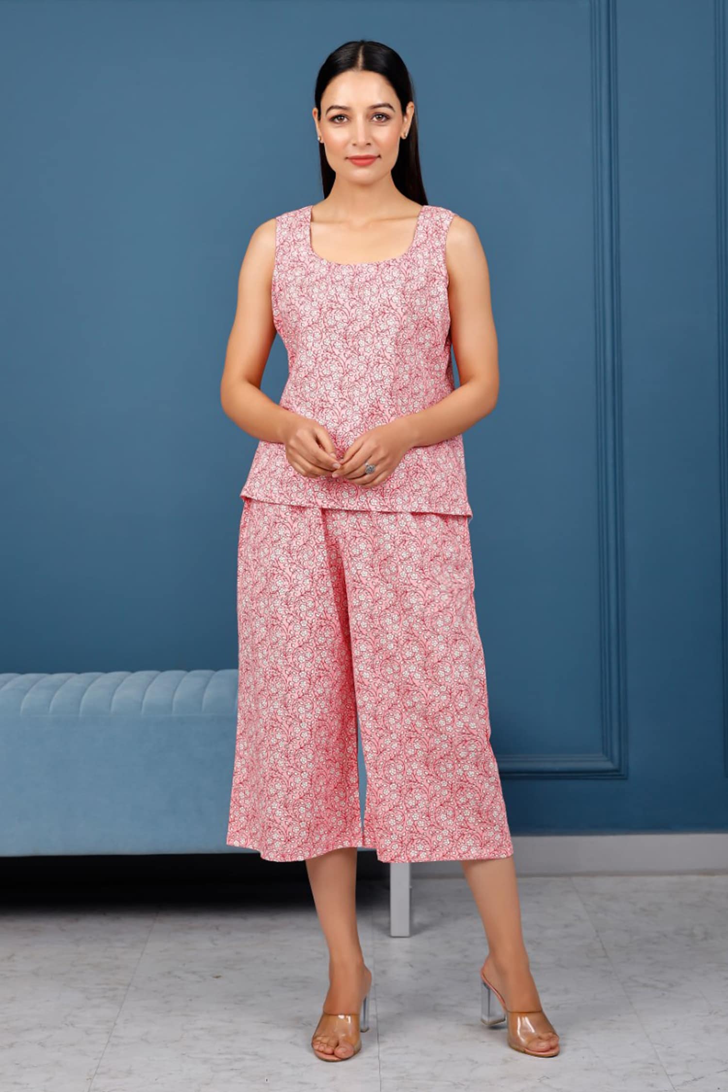 Buy Pheeta Pink Flower Pattern Cotton Culottes Nightwear Set Online ...