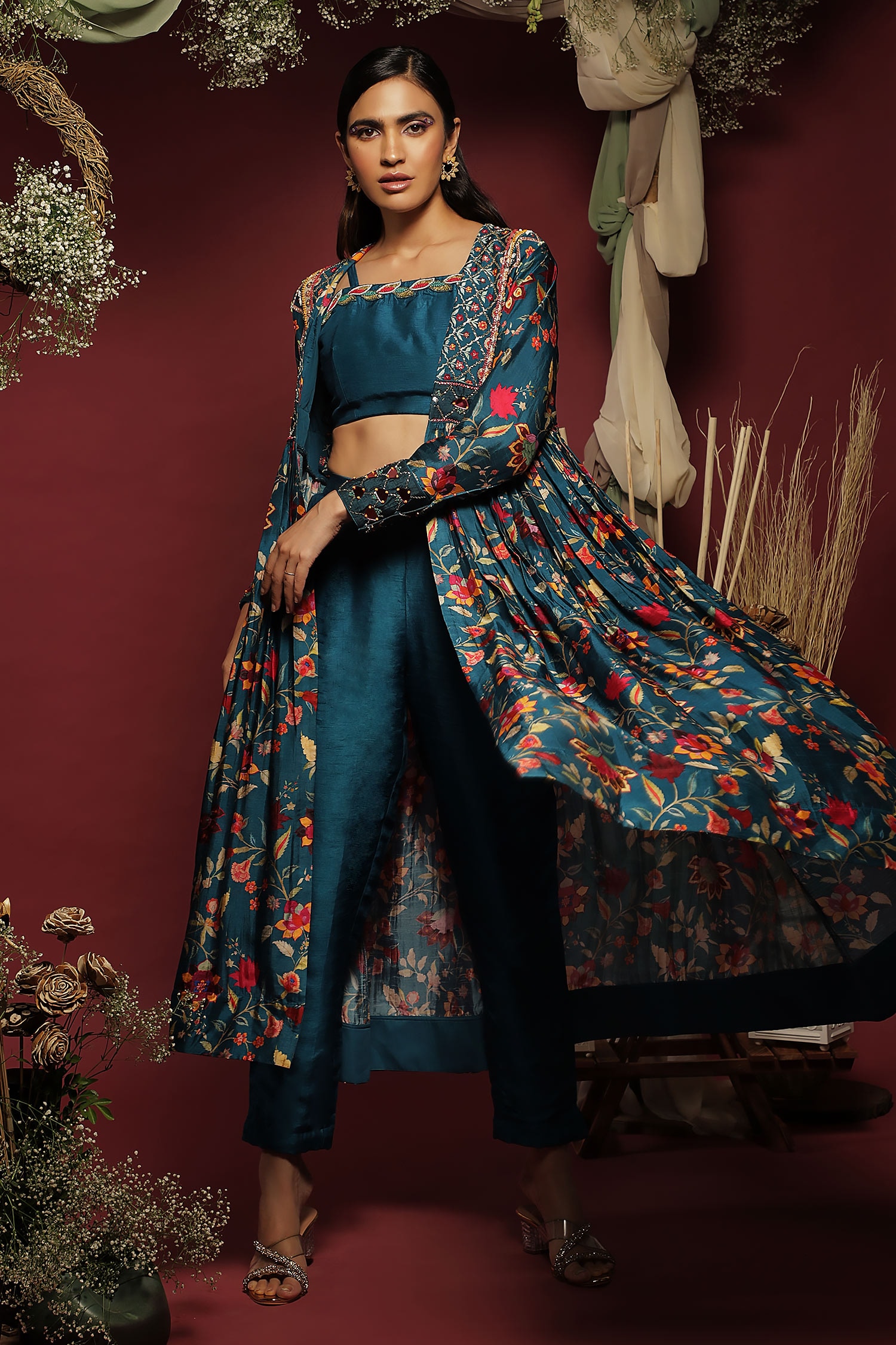 Buy Blue Silk Floral Square Pattern Jacket And Pant Set For Women by ...