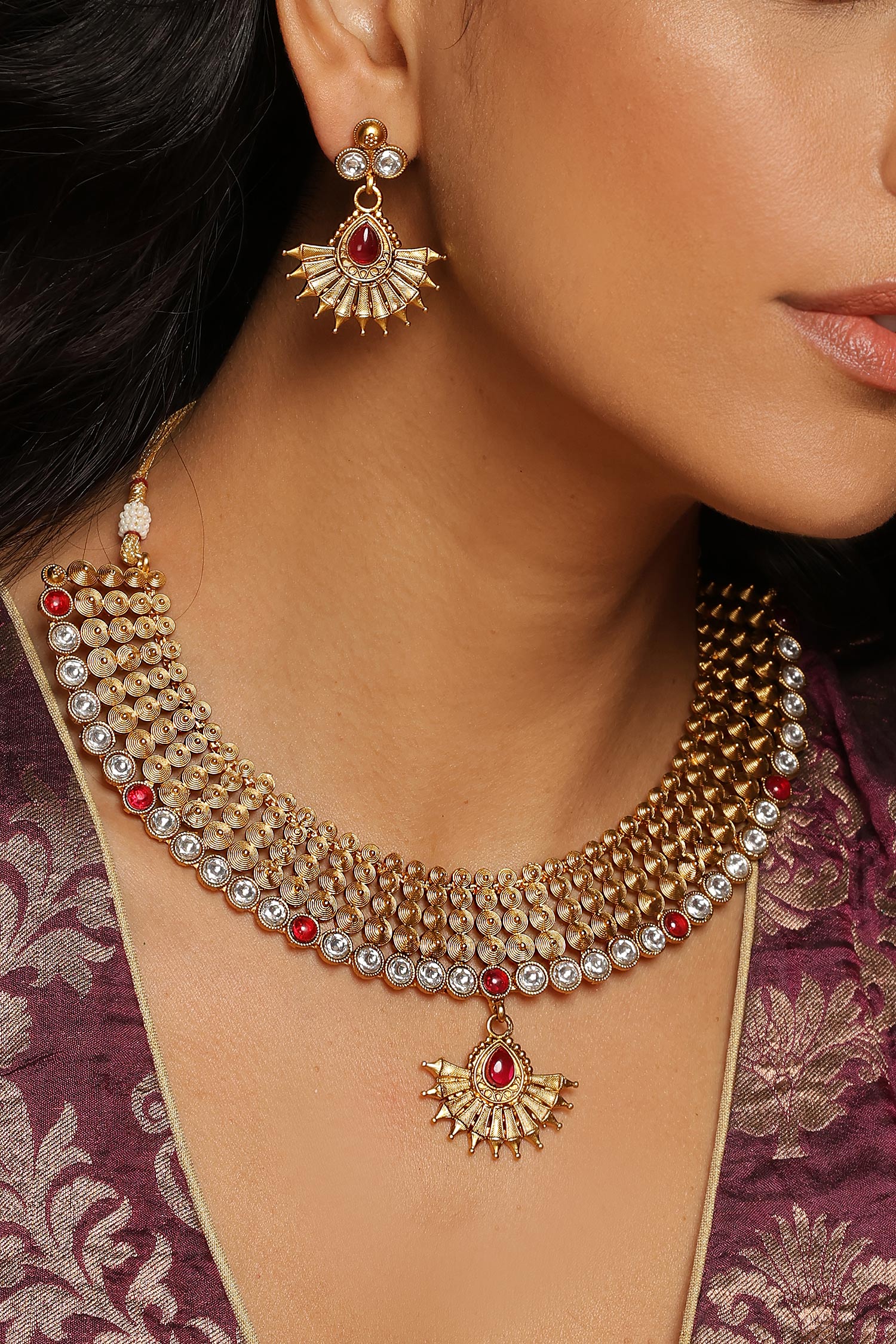Buy Red Embellished Ruby Temple Necklace Set by Swabhimann Jewellery ...
