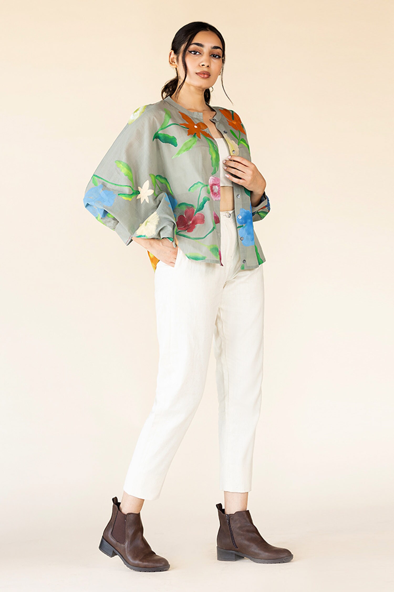 Buy Purvi Doshi Green Venkatgiri Flower Hand Painted Cape Online | Aza ...