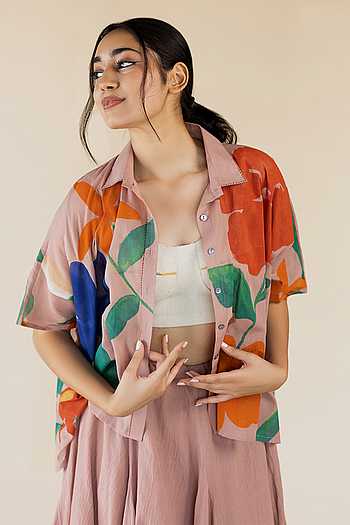 Buy Purvi Doshi Pink Flower Hand Painted Shirt Online | Aza Fashions