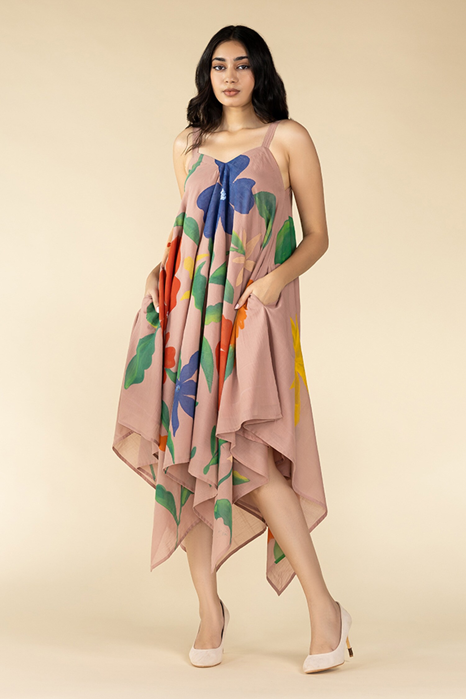 Buy Purvi Doshi Pink Venkatgiri Floral Hand Painted Spaghetti Dress ...