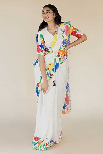 Buy Off White Muslin Hand Painted Floral Blouse For Women by Purvi ...