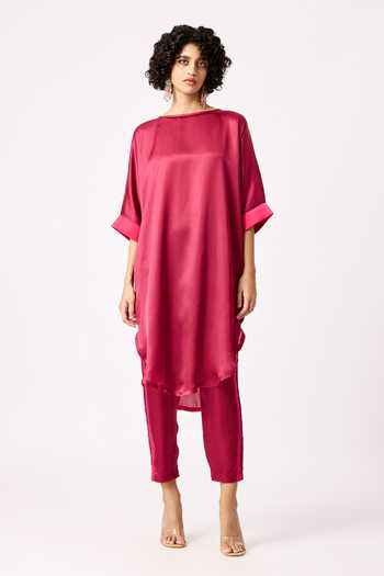Buy Wine Bemberg Satin Plain Straight Jade Tunic Pant Set For Women by ...