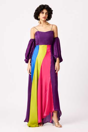 Buy Scarlet Sage Multi Color Bemberg Satin Tessa Color Block Asymmetric ...