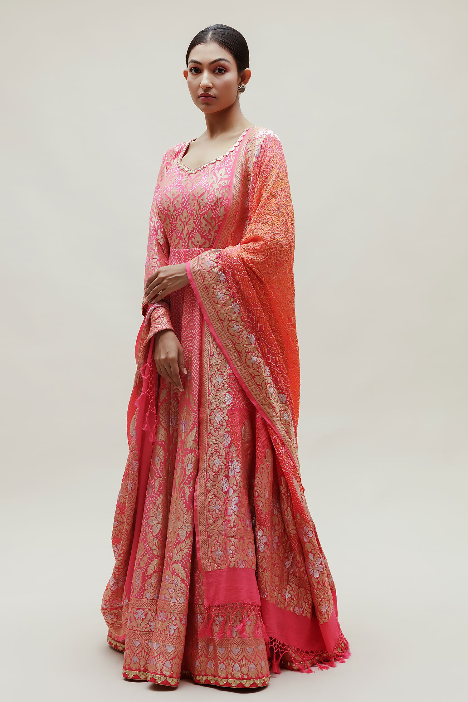 Buy Naina Jain Peach Georgette Floral And Bandhani Pattern Anarkali ...